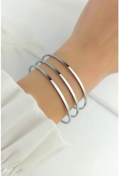 ÇLK Accessories Çelik Büyük Boy 3'lü Kare Kesim Çelik Bilezik-Bileklik TRBILEK7941