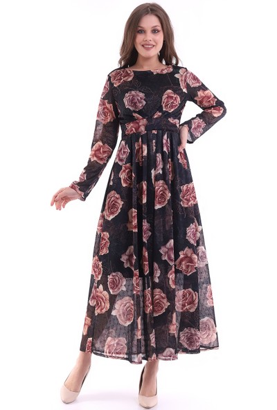 Ottawe Kadın Güpür Dantel Beli Korsaj Etek Kloş Pliseli Uzun Kol Dijital Baskıl Uzun Elbise OTTW8015 Ottawe Kadın Güpür Dantel Beli Korsaj Etek Kloş Pliseli Uzun Kol Dijital Baskıl Uzun Elbise OTTW8015