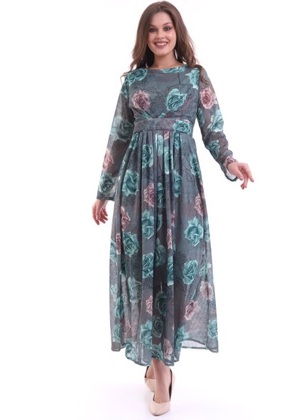 Ottawe Kadın Güpür Dantel Beli Korsaj Etek Kloş Pliseli Uzun Kol Dijital Baskıl Uzun Elbise OTTW8015 Ottawe Kadın Güpür Dantel Beli Korsaj Etek Kloş Pliseli Uzun Kol Dijital Baskıl Uzun Elbise OTTW8015