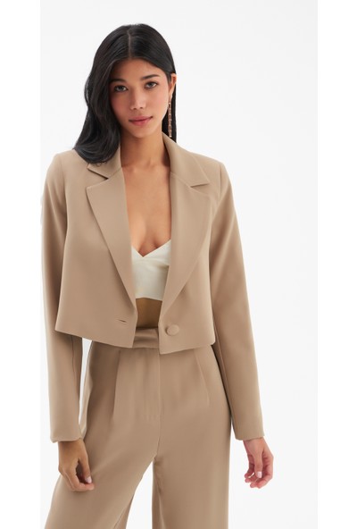 Sateen Kısa Krep Ceket - Bej
