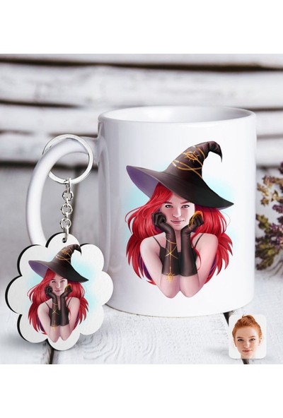 BK Kişiye Özel Bayan Cadı Karikatürlü Beyaz Kupa ve Anahtarlık Hediye Seti-2