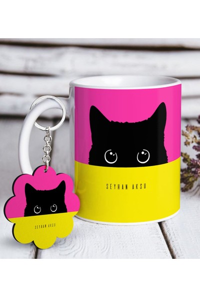 BK Kişiye Özel Sevimli Kedi Beyaz Kupa ve Anahtarlık Hediye Seti-3 BK Kişiye Özel Sevimli Kedi Beyaz Kupa ve Anahtarlık Hediye Seti-3