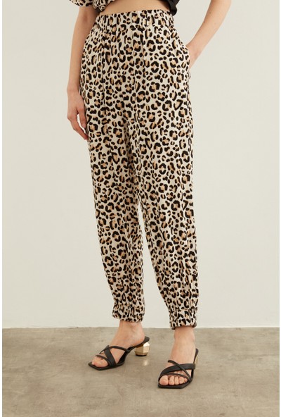 Beli Lastikli Leopar Pantolon - Bej