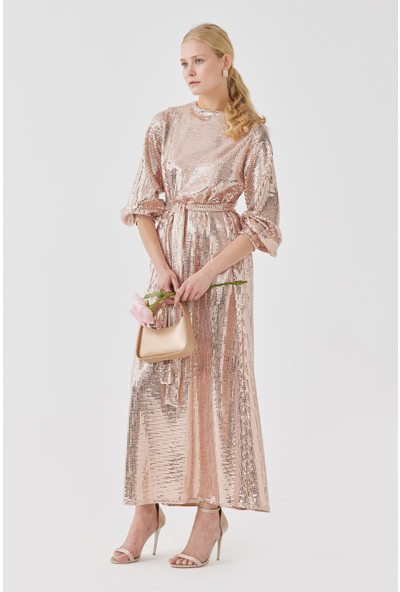 Bej Payetli Abiye Elbise