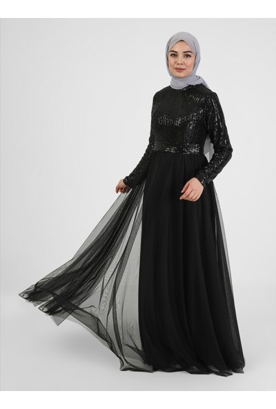 Tavin Pul Payetli Tüllü Abiye Elbise - Siyah - Tavin