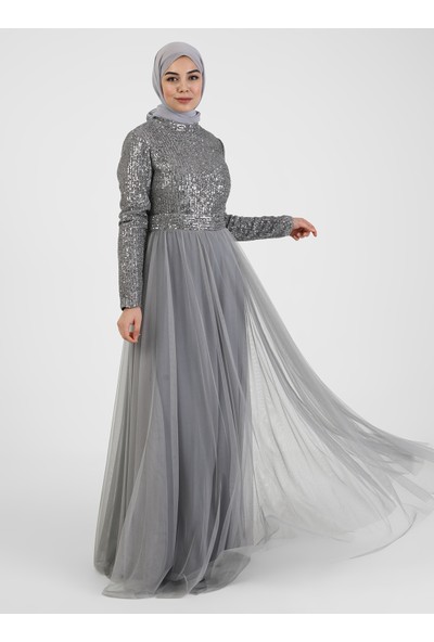 Pul Payetli Tüllü Abiye Elbise - Gri - Tavin
