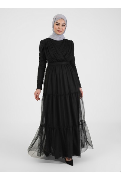Kuşak Detaylı Tüllü Abiye Elbise - Siyah - Tavin
