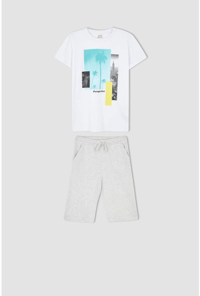 DeFacto Erkek Çocuk Regular Fit Bisiklet Yaka Baskılı Kısa Kollu Tişört Şort TAKIM X7118A622SM