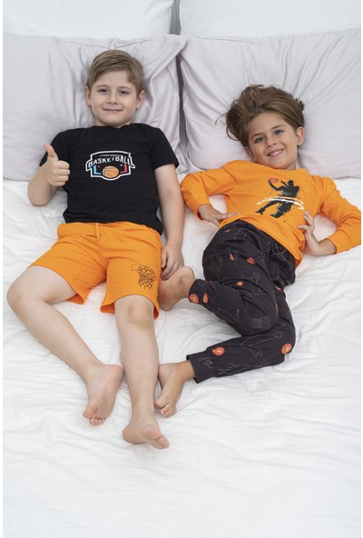 For You Kids 4 Lü Basketbol Desen Turuncu Pijama Takımı