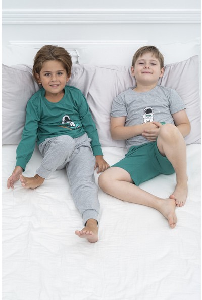 For You Kids 4 Lü Astronot Desen Yeşil Pijama Takımı