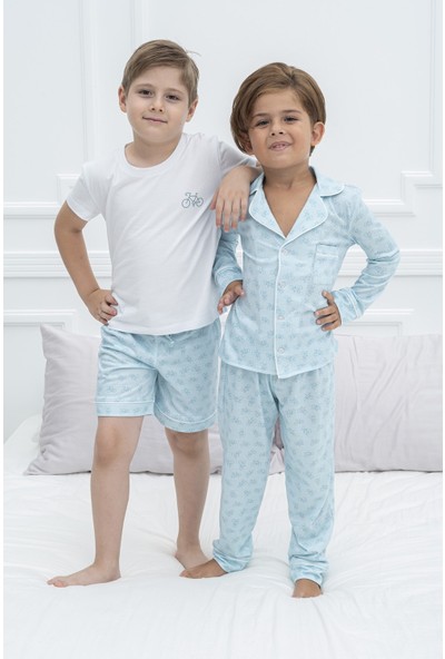 For You Kids 4 Lü Bisiklet Desen Buz Mavi Pijama Takımı