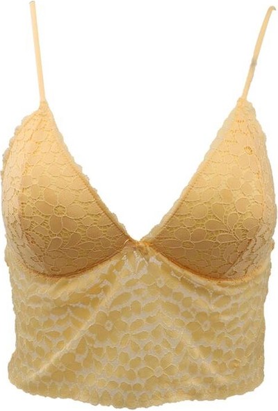 Mavi Çiçek Desenli Güpürlü Büstiyer | Sarı