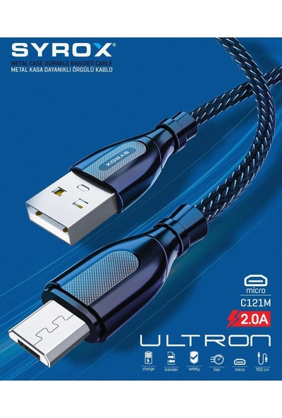 Syrox (Yeni) Micro USB Girişli Metal Kasal Şarj Kablosu Syrox (Yeni) Micro USB Girişli Metal Kasal Şarj Kablosu