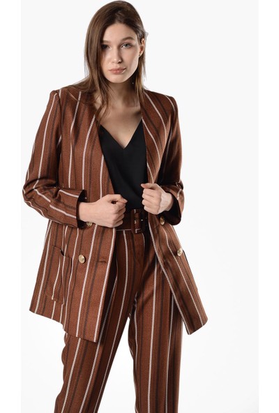 4over4 Karamel Çizgili Blazer Ceket