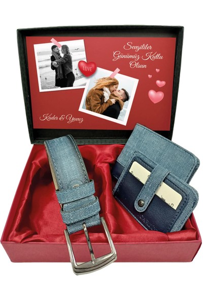 Karali Sevgiliye Kişiye Özel Resim Baskılı Set Kot Kemer,kot Cüzdan,kot Kartlık Özel Kutulu Set