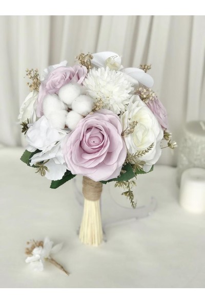 Paparti Yeni Sezon Lila Krem Gül Gelin Çiçeği Gelin Buketi ve Damat Yaka Çiçeği Özel Tasarım
