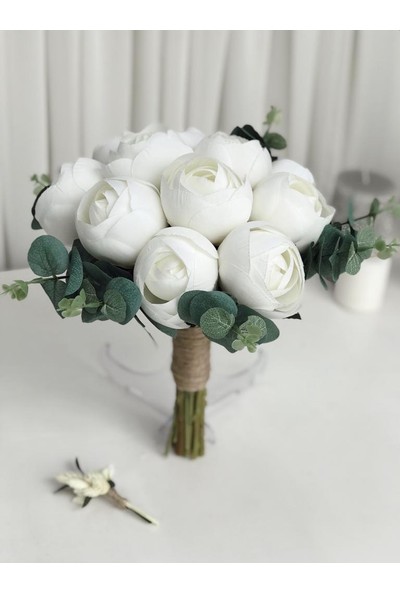 Paparti Yeni Sezon Okaliptuslu Beyaz Şakayık Gelin Çiçeği Gelin Buketi ve Damat Yaka Çiçeği Özel Tasarım