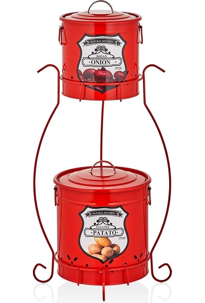 2 Katlı Metal Patates Soğanlık Sepeti Ayaklı Patates Soğanlık Kovası -Kırmızı 2 Katlı Metal Patates Soğanlık Sepeti Ayaklı Patates Soğanlık Kovası -Kırmızı