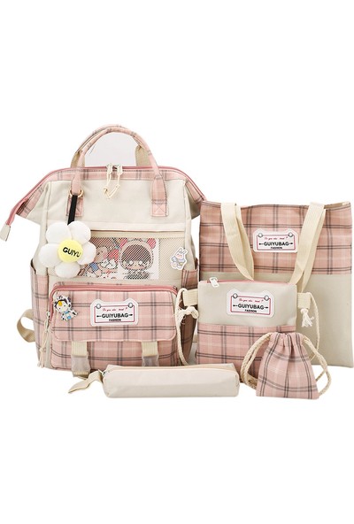Guiyu Ilkokul Öğrencilerinin Okul Çantası 4 Parça Set Kadınlar Sırt Çantası Büyük Kapasiteli Seyahat Sırt Çantası(Aksesuarlar Dahil) (Yurt Dışından)