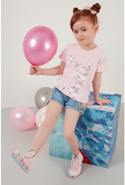 Lela Baskılı Bisiklet Yaka Pamuklu T Shirt Kız Çocuk T Shirt 6211026