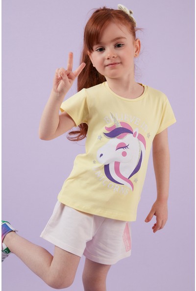 Lela Baskılı Bisiklet Yaka Pamuklu T Shirt Kız Çocuk T Shirt 6211036