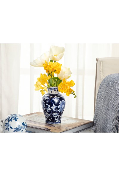 English Home Aurora Porselen Vazo 10 x 10 x 15 cm Mavi-Beyaz