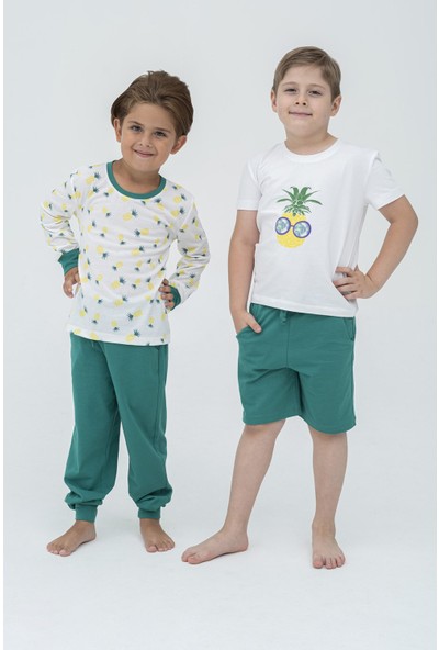 For You Kids 4 Lü Ananas Desen Yeşil Pijama Takımı