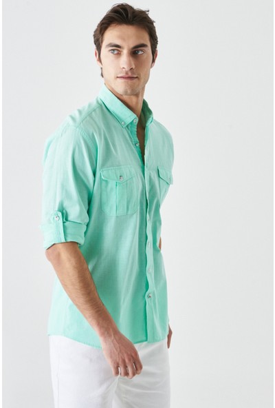 Comfort Fit Düğmeli Yaka %100 Pamuk Flamlı Casual Gömlek Comfort Fit Düğmeli Yaka %100 Pamuk Flamlı Casual Gömlek