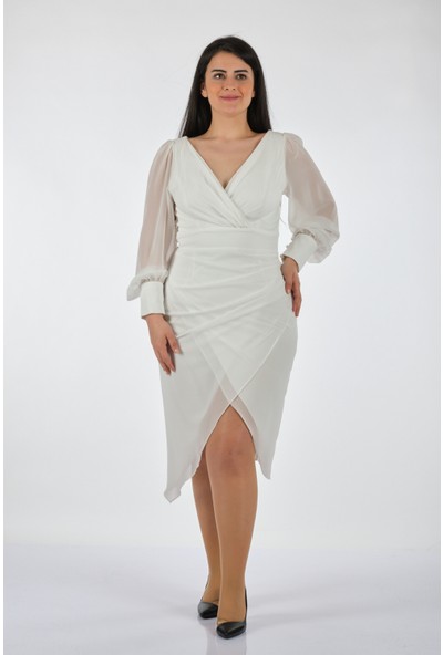 Dori Kruvaze Yaka Büyük Beden Uzun Kollu Asimetrik Kemik Kadın Elbise 221BB4070