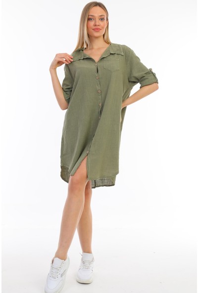PodiumStar Kadın Keten Salaş Düğmeli Uzun Tunik Gömlek