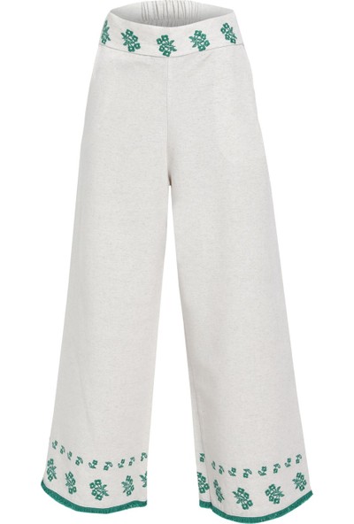 Quzu Nakış Detaylı Keten Pantolon Naturel