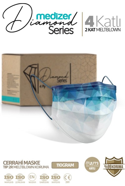 Diamond Serisi Desenli 4 Katlı Cerrahi Maske - Blue Cristale