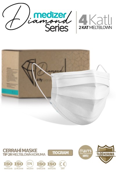 Diamond Serisi 4 Katlı Cerrahi Maske - Beyaz Diamond Serisi 4 Katlı Cerrahi Maske - Beyaz