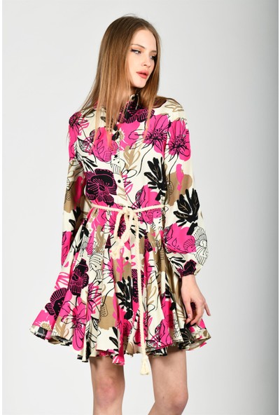 QM Fuşya Çiçek Desenli Düğmeli Elbise QE147