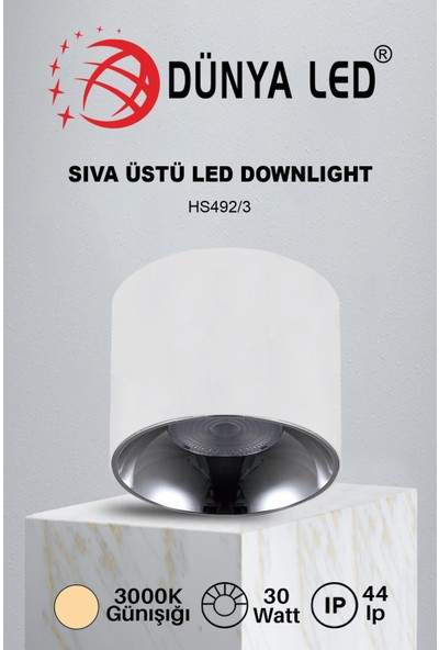 Dünya Led HS.492/3-B 30W Sıva Üstü LED Downlıght Siyah Iç 3000K Günışığı Beyaz Kasa Yüksek Lümen Uzun Ömür