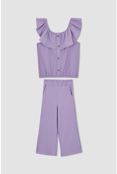DeFacto Kız Çocuk Regular Fit Krinkıl Kumaş Kısa Kollu Bluz Geniş Paça Pantolon Takım X3693A622SM DeFacto Kız Çocuk Regular Fit Krinkıl Kumaş Kısa Kollu Bluz Geniş Paça Pantolon Takım X3693A622SM