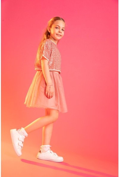 DeFacto Kız Çocuk Regular Fit Bisiklet Yaka Kısa Kollu Payetli Bluz Tütü Etek Takım X3870A622SM