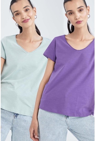 DeFacto  Regular Fit V Yaka Basic Kısa Kollu 2'li Tişört X5699AZ22SM DeFacto  Regular Fit V Yaka Basic Kısa Kollu 2'li Tişört X5699AZ22SM