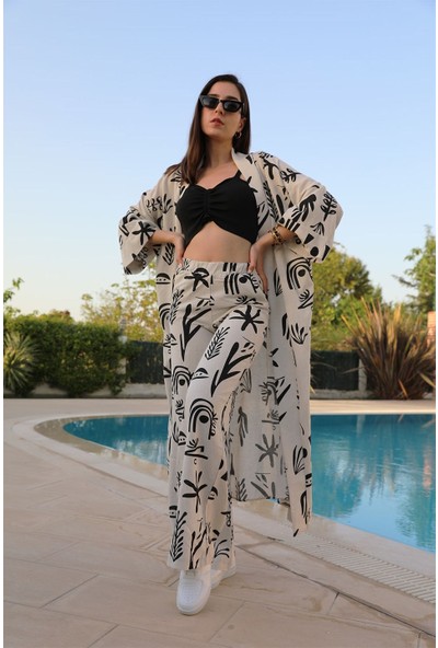 VprModa Baskılı Keten Bol Paça Pantolon - Siyah