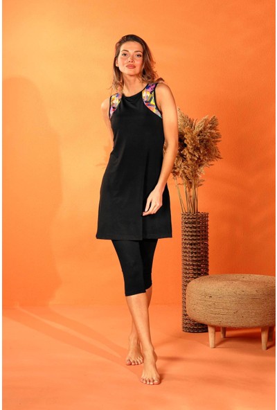 Marina Siyah Kadın Renkli Desen Detaylı Tasarım Yarı Kapalı Mayo M2212