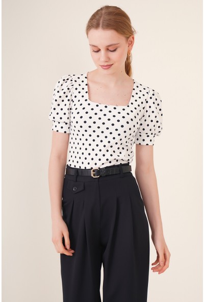 Bigdart 0409 Kare Yaka Örme Bluz - A.beyaz