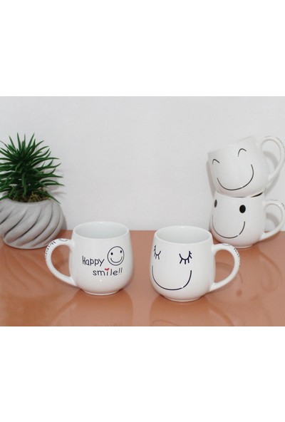 Porselen Gülen Yüz Kupa 6 Adet Küçük Boy Karışık Desen