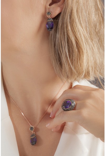 Ateş Gold Kadın Oval Kolye Yüzük Küpe Gümüş Set Takım