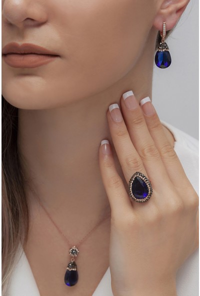 Ateş Gold Kadın Damla Safir Renk Kolye Yüzük Küpe Gümüş Set Takım