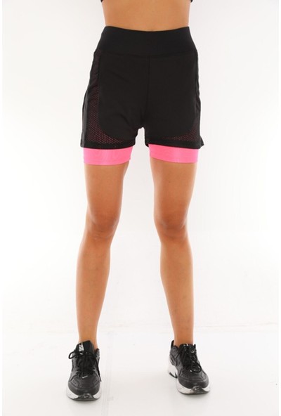 Kadın Siyah Yan File Taytlı Spor Deniz Şortu