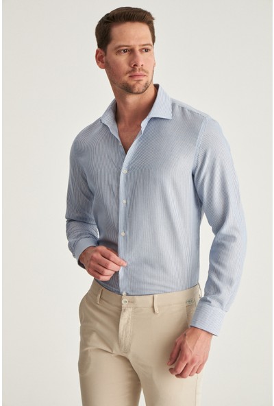D'S Damat Slim Fit Lacivert Çizgili Gömlek