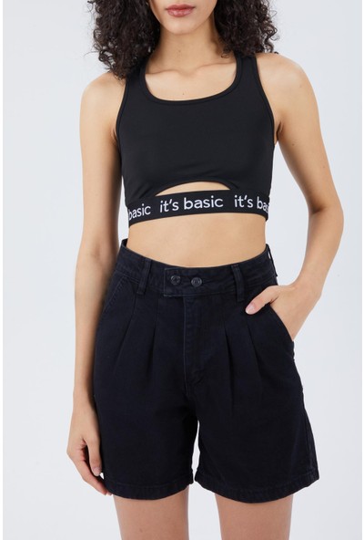 Its Basic Kadın Siyah Black Od Renk Önü Pileli Çift Düğmeli Yüksek Bel Şort