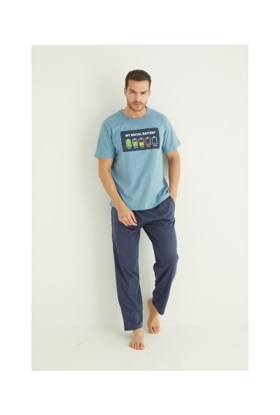 Makkash Mavi Battery Baskılı Kısa Kollu Erkek Pijama Takımı % 100 Pamuklu Makkash Mavi Battery Baskılı Kısa Kollu Erkek Pijama Takımı % 100 Pamuklu