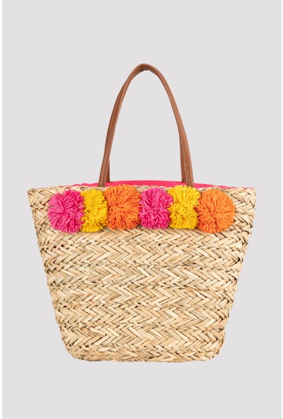 Naturel Pon Pon Straw Çanta Naturel Pon Pon Straw Çanta