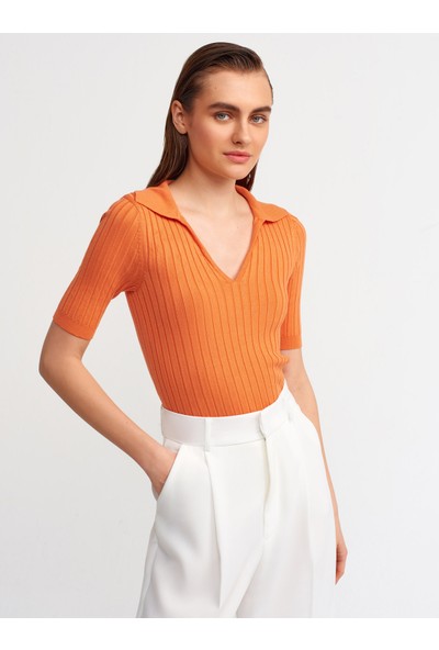 Dilvin 2359 Polo Yaka Ince Triko Bluz-Oranj
